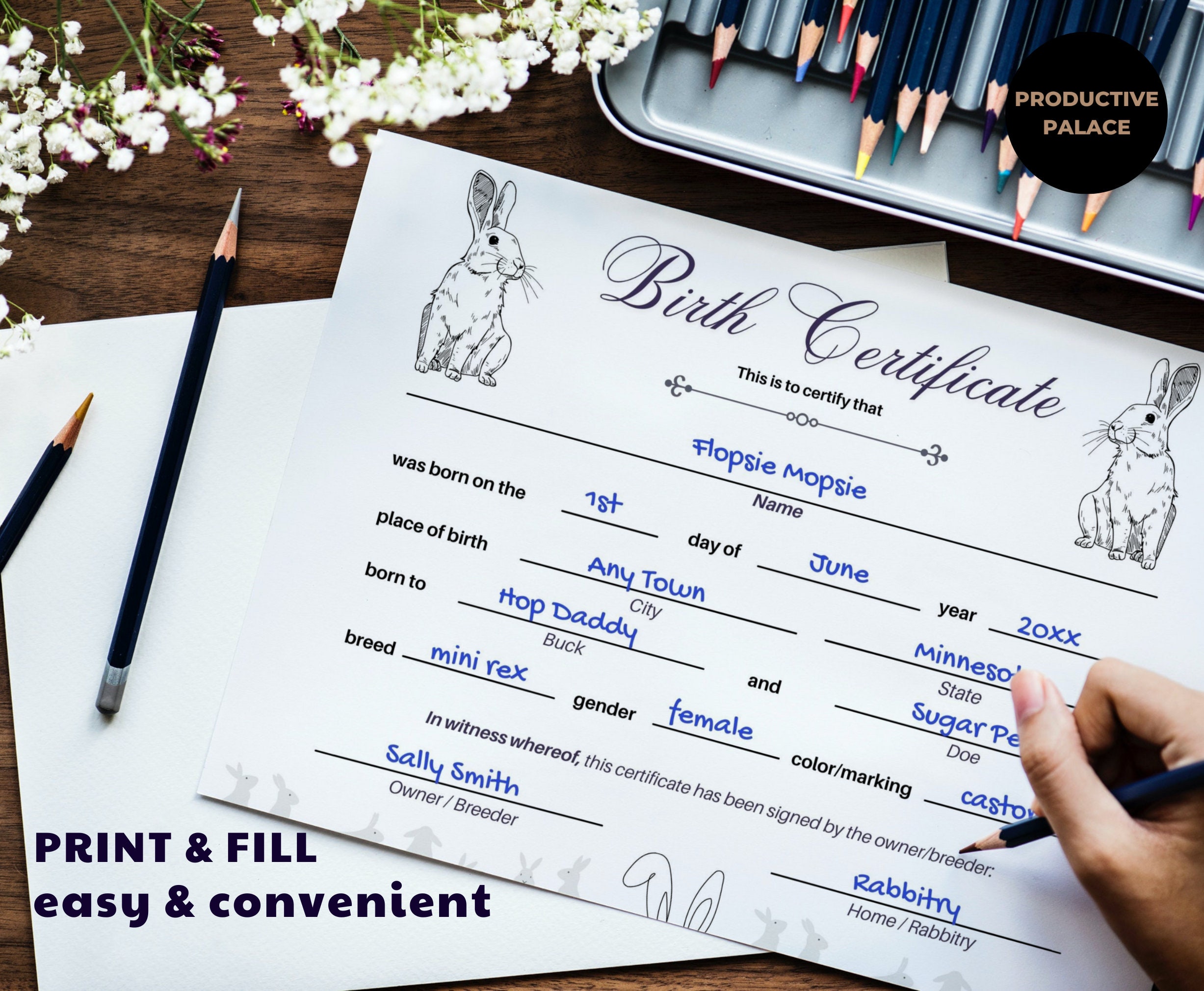 Printable * Rabbit Birth Certificate – Document Write in Birth Record ...