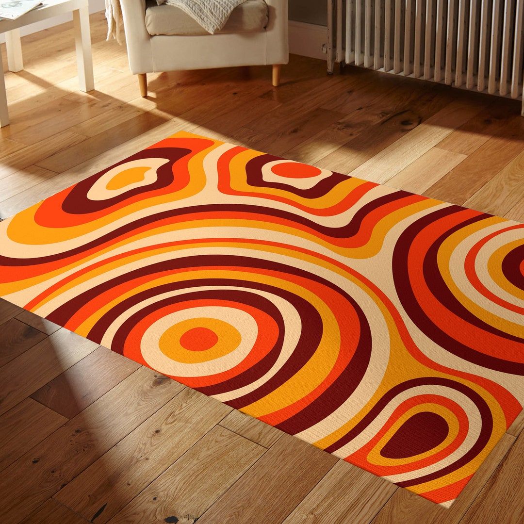 Orange Wavy Retro Area Rug, 70s Rug, Wavy Trippy Rug, Psychedelic ...