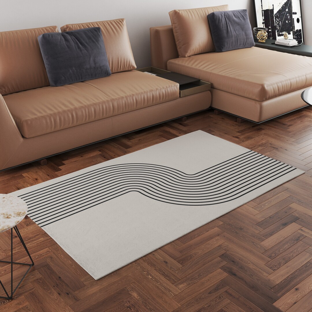 Mid Century Modern Minimalist Geometric Line Area Rug, Beige and Black ...