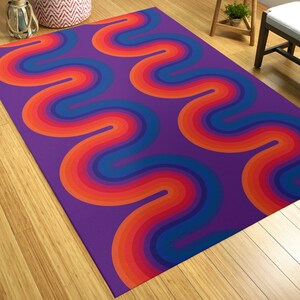 Purple Mid Century Modern Rug, Retro Swirl Area Rug Orange Green, Retro ...