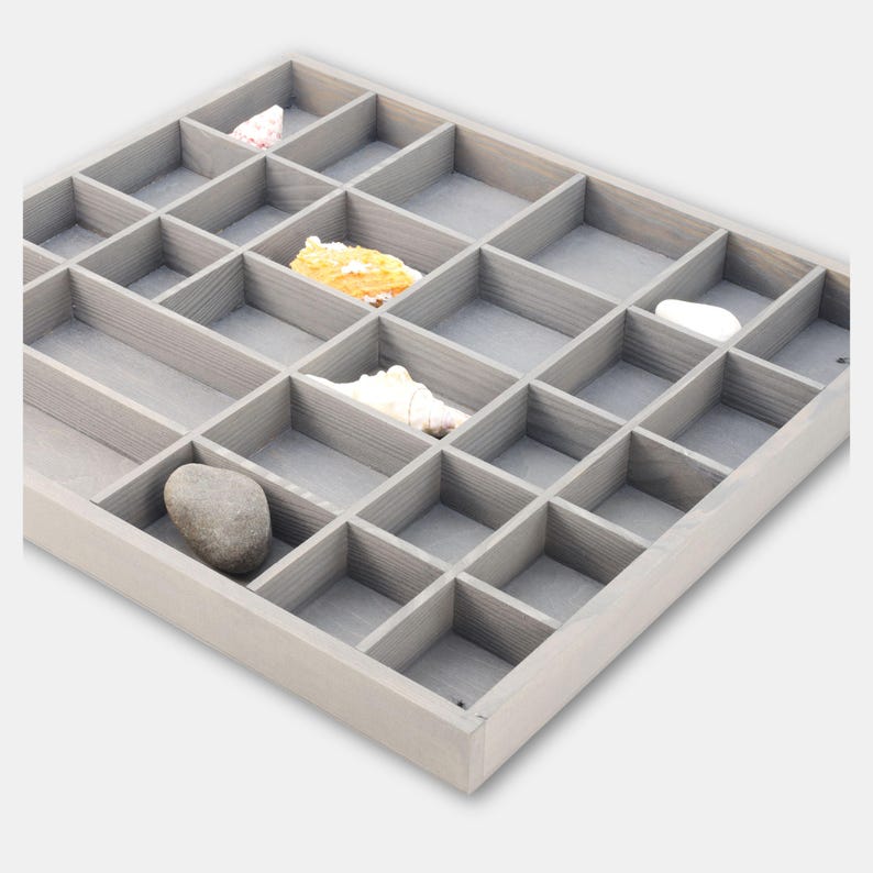 Gray Wooden Display With 28 Compartments | Shadow Curio Box | Grey ...