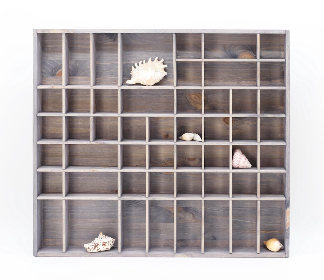 Large Gray Wooden Display Case - 51 Compartments | Solid Pine Shadow ...