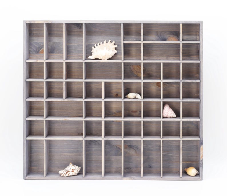 Large Gray Wooden Display Case - 51 Compartments | Solid Pine Shadow ...