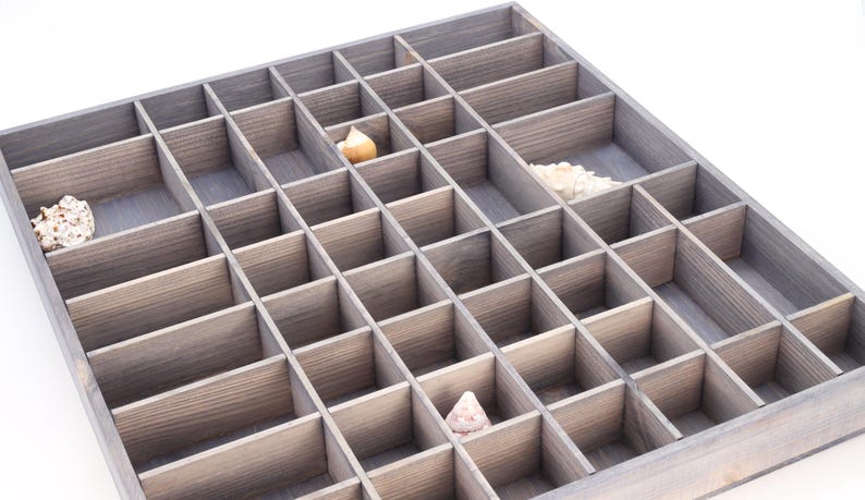 Large Gray Wooden Display Case - 51 Compartments | Solid Pine Shadow ...