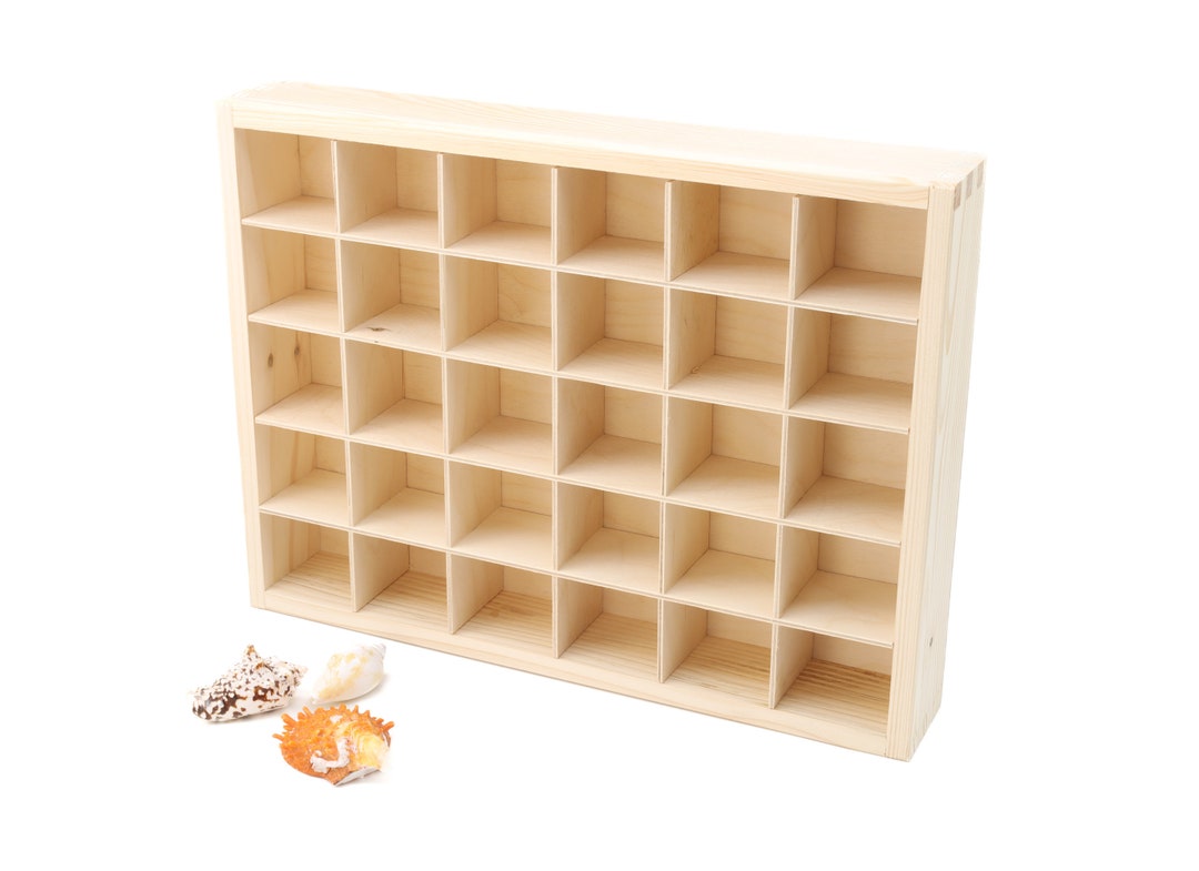 30 Compartments Unfinished Wooden Display Shadow Box Collection Display ...
