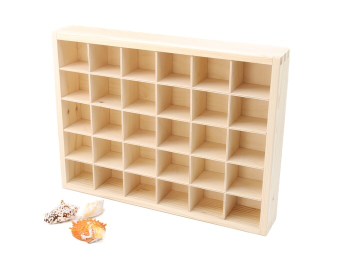 30 Compartments Unfinished Wooden Display Shadow Box Collection Display ...