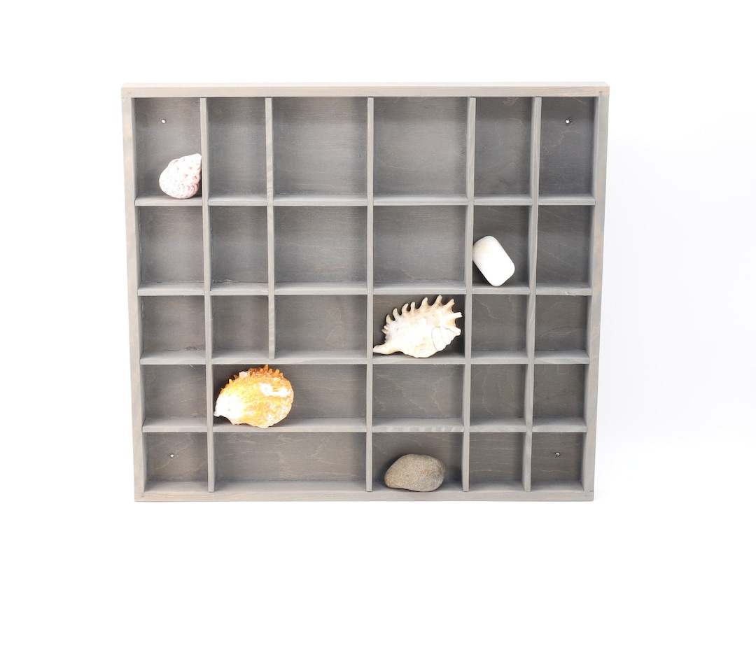 Gray Wooden Display With 28 Compartments | Shadow Curio Box | Grey ...