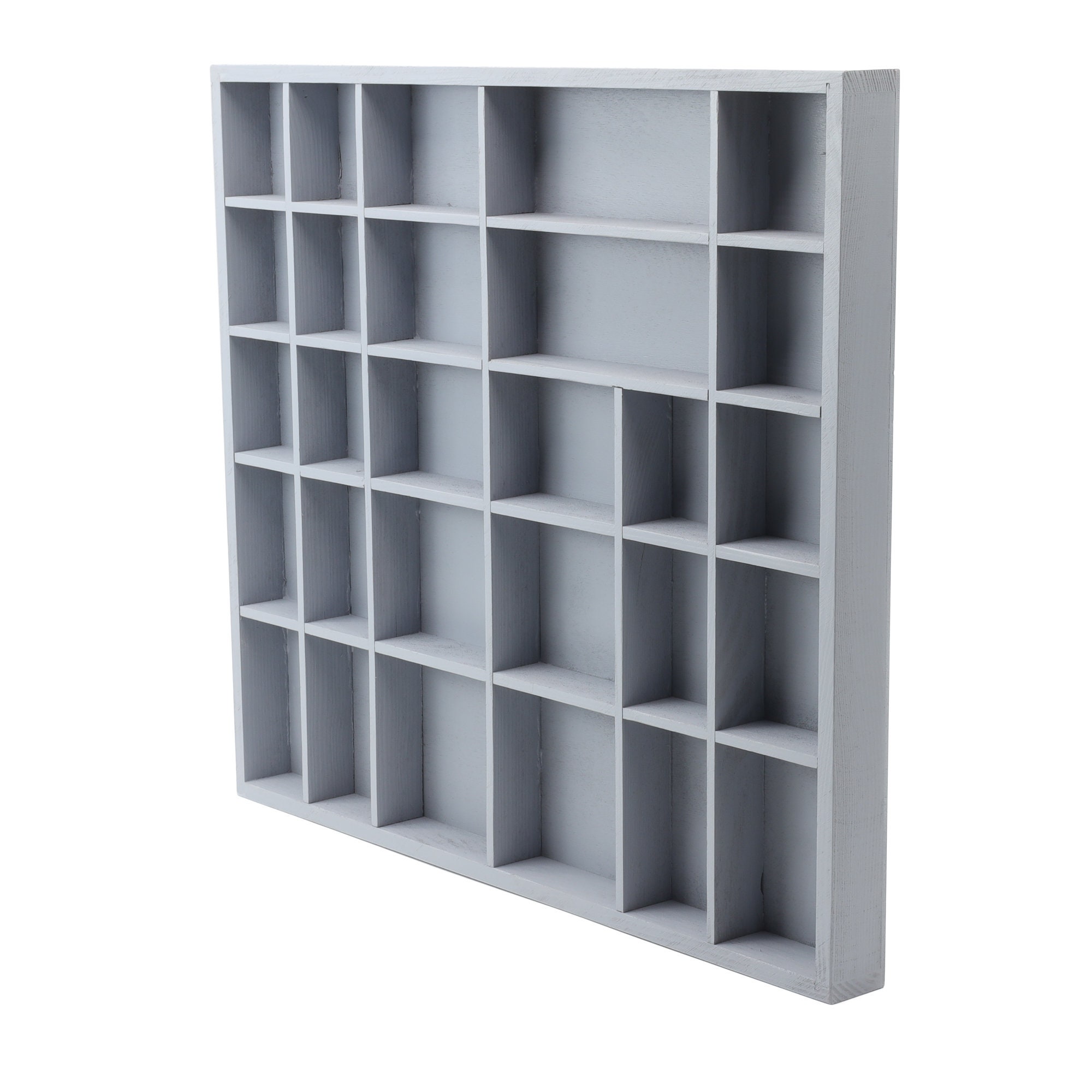 Grey Wooden Display With 28 Compartments Shadow Curio Box Hand Painted Wall Hanging Organizer ...