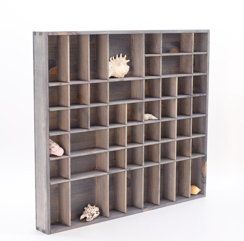 Large Gray Wooden Display Case - 51 Compartments | Solid Pine Shadow ...