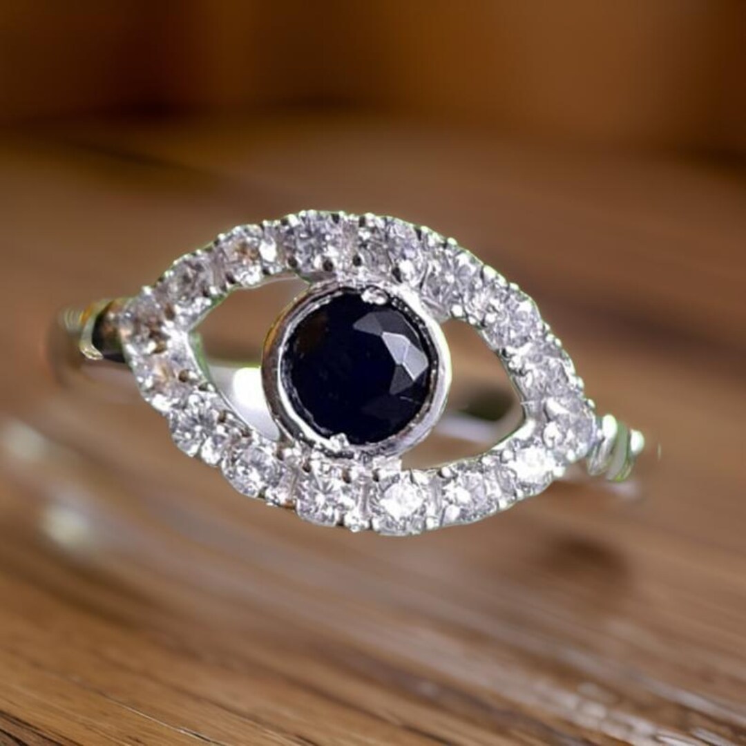 Round Cut Eye Shape Ring Natural Black Spinel 14K White Gold Plated 925 ...