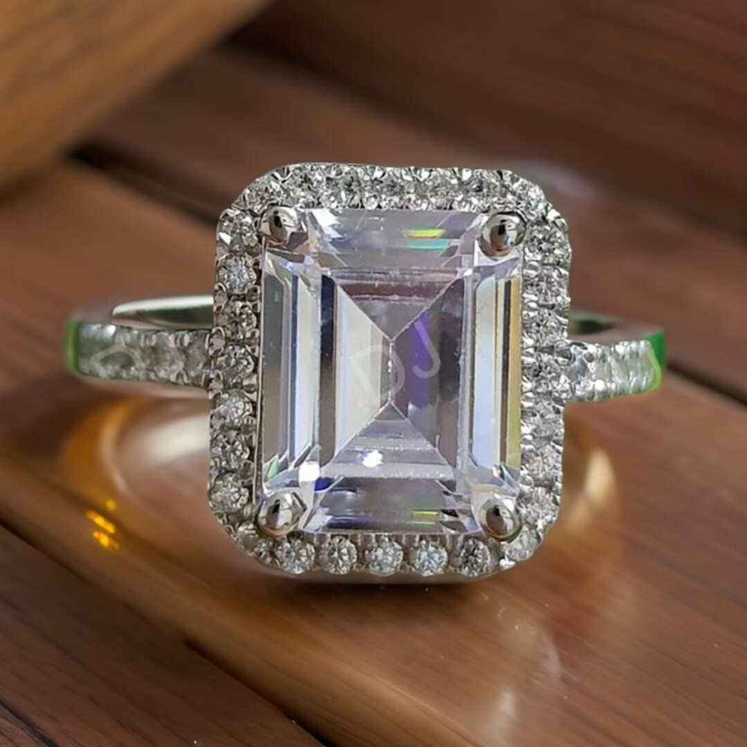 Emerald Cut Cluster Halo Prong Setting Ring Simulated Diamond Ring 14K ...