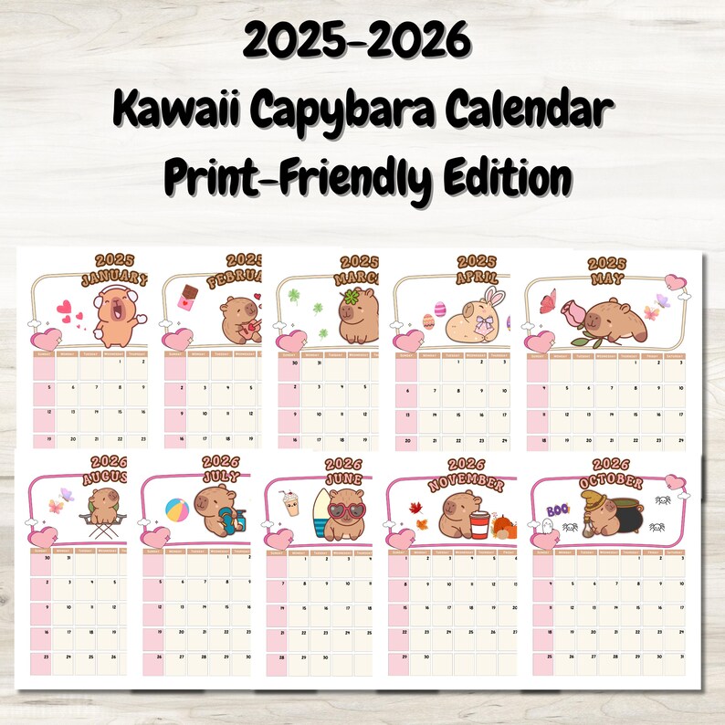 Kawaii Capybara Calendar 2025-2026 | Printable Monthly Planner (PDF) - Etsy