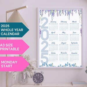 2025 Full-year Printable Calendar Blue Floral Design Monthly Desk and ...