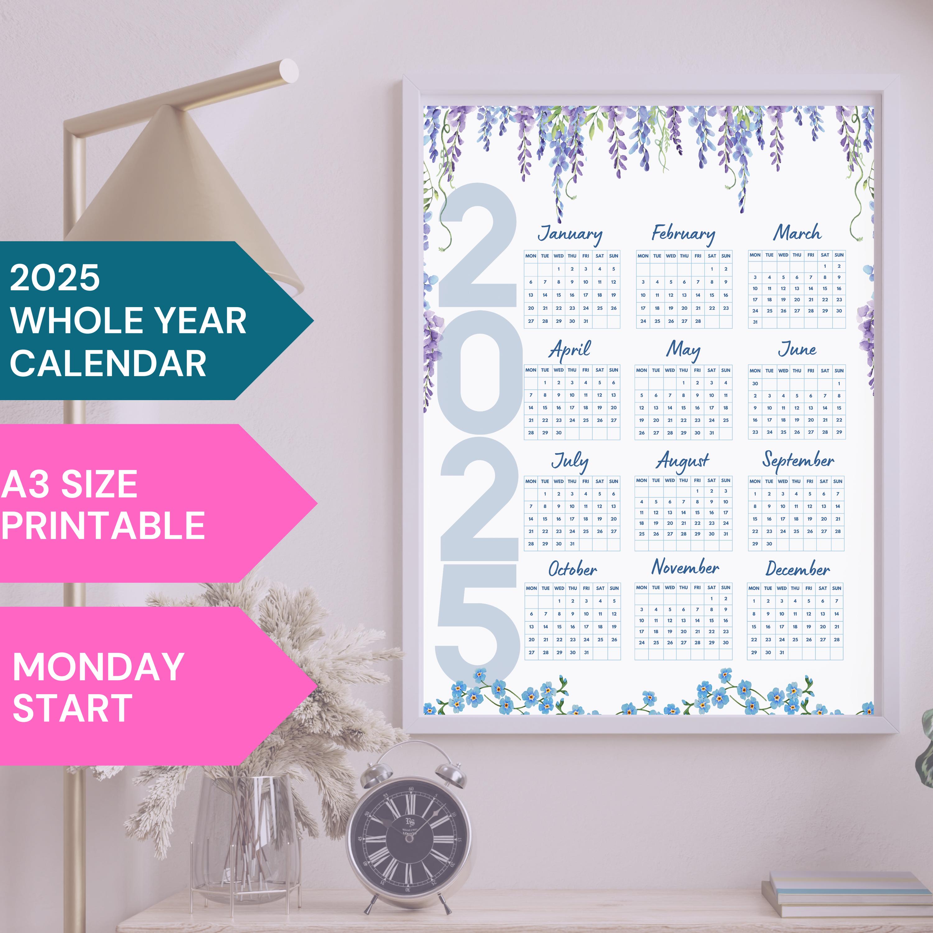 2025 Full-year Printable Calendar Blue Floral Design Monthly Desk and ...