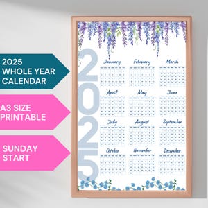 2025 Full-year Printable Calendar Blue Floral Design Monthly Desk and ...
