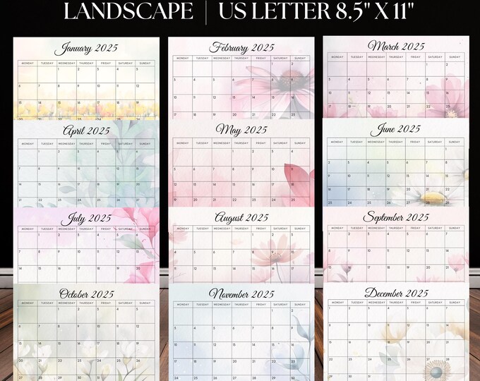 2025 Calendar Printable, 2025 Monthly Floral Calendar, Printable ...