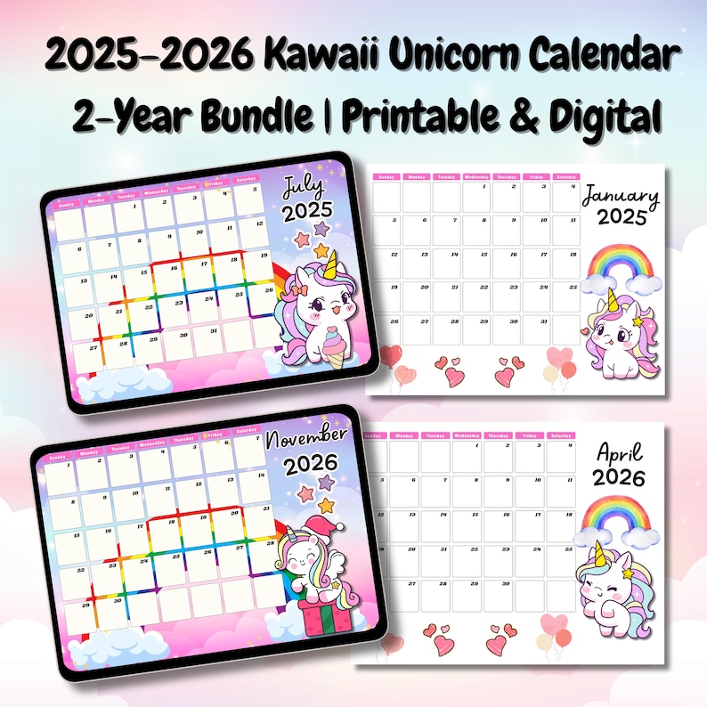 Kawaii Unicorn Calendar 2025-2026: Pastel Watercolor Planner (digital ...