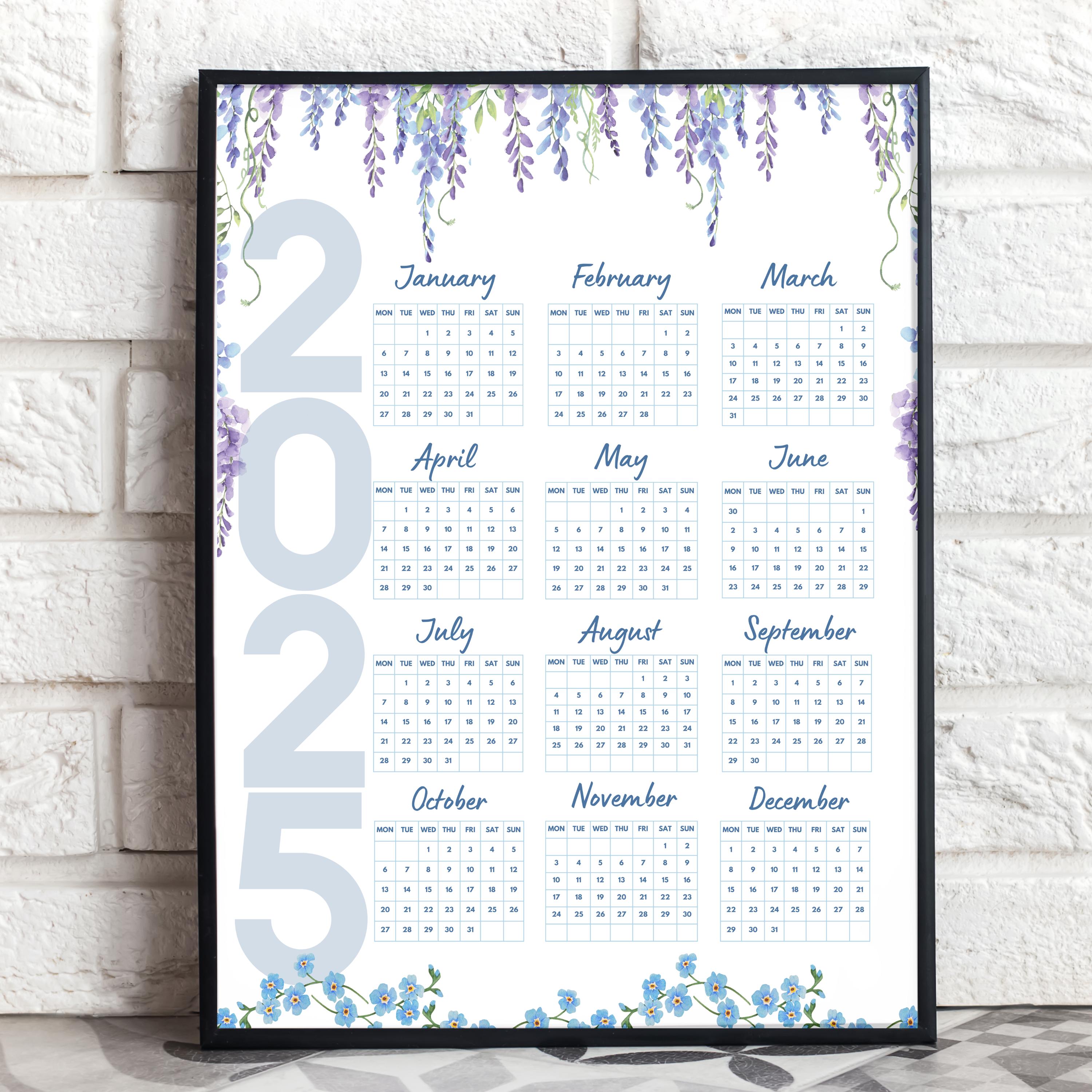 2025 Full-year Printable Calendar Blue Floral Design Monthly Desk and ...