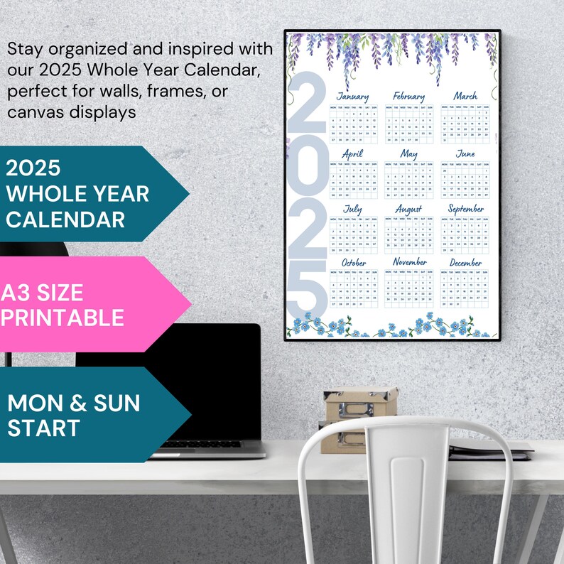 2025 Full-year Printable Calendar Blue Floral Design Monthly Desk and ...