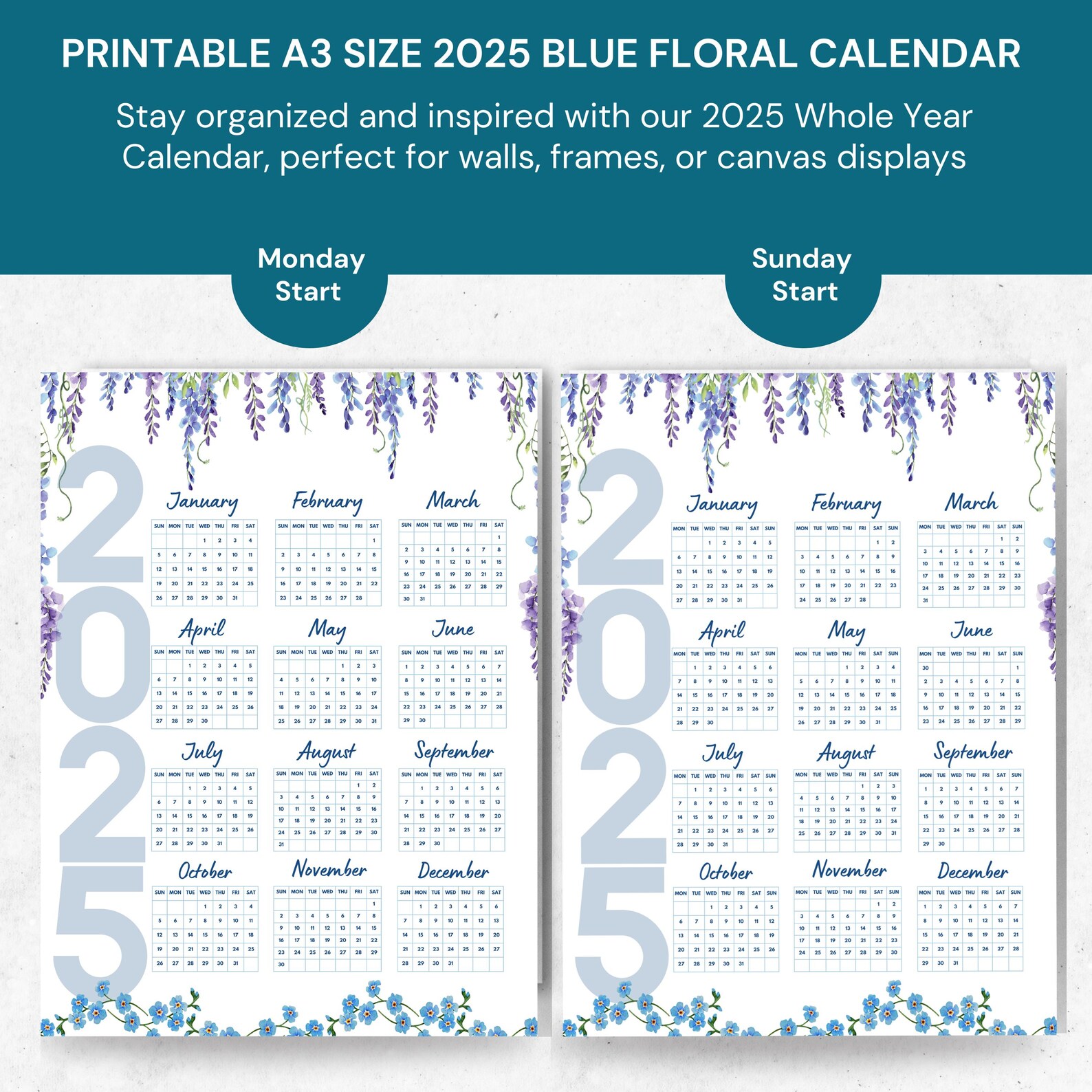 2025 Full-year Printable Calendar Blue Floral Design Monthly Desk and ...