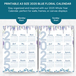 2025 Full-year Printable Calendar Blue Floral Design Monthly Desk and ...
