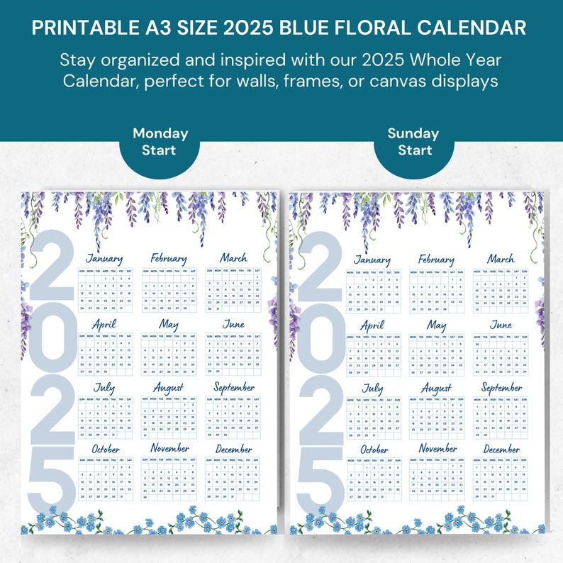 2025 Full-year Printable Calendar Blue Floral Design Monthly Desk and ...