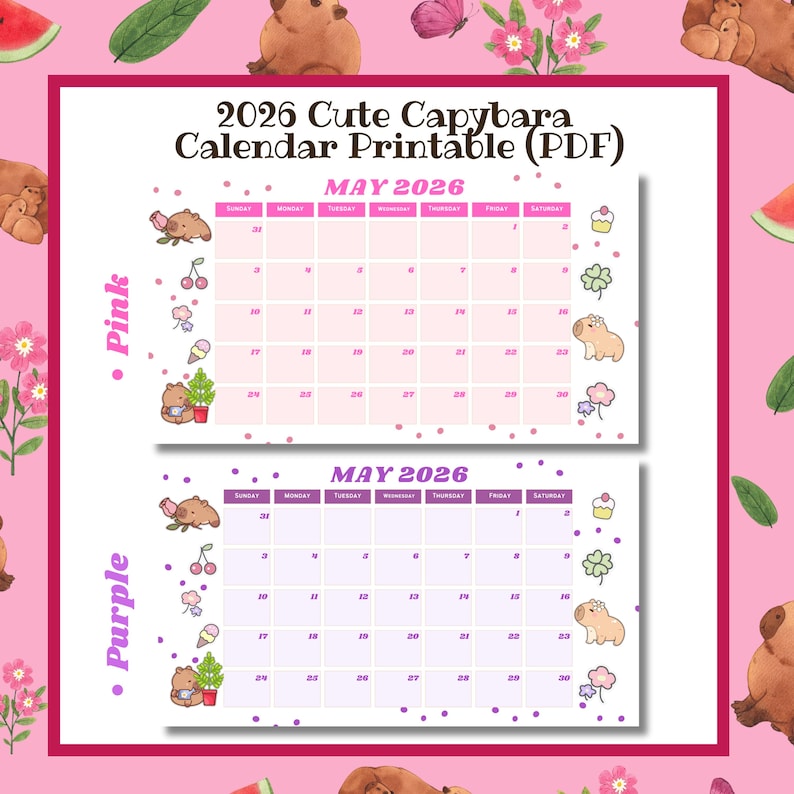 2026 Capybara Calendar | Cute Kawaii Pink & Purple Themes (digital ...