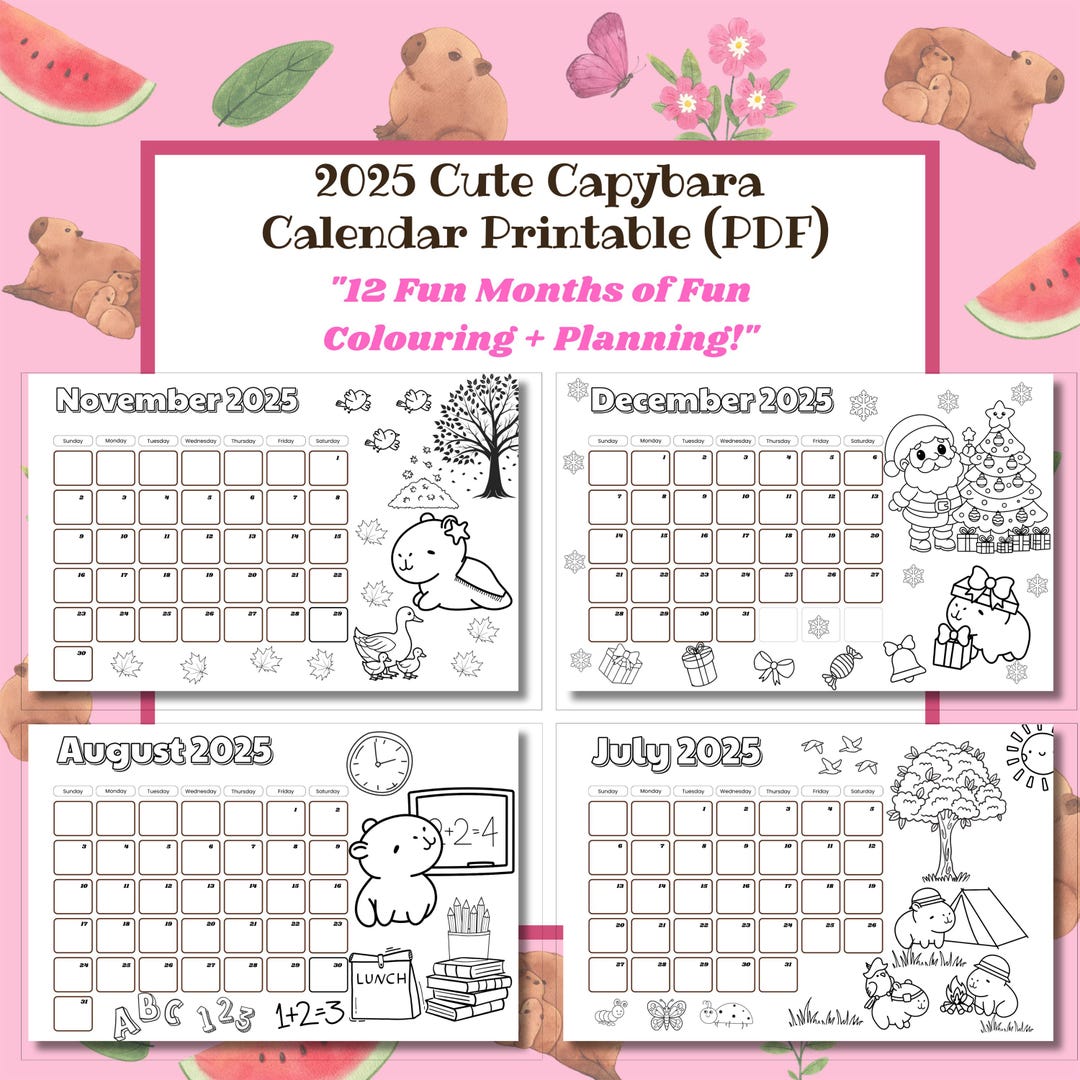 Kawaii Capybara Coloring Calendar 2025 | Printable DIY Kids Planner ...