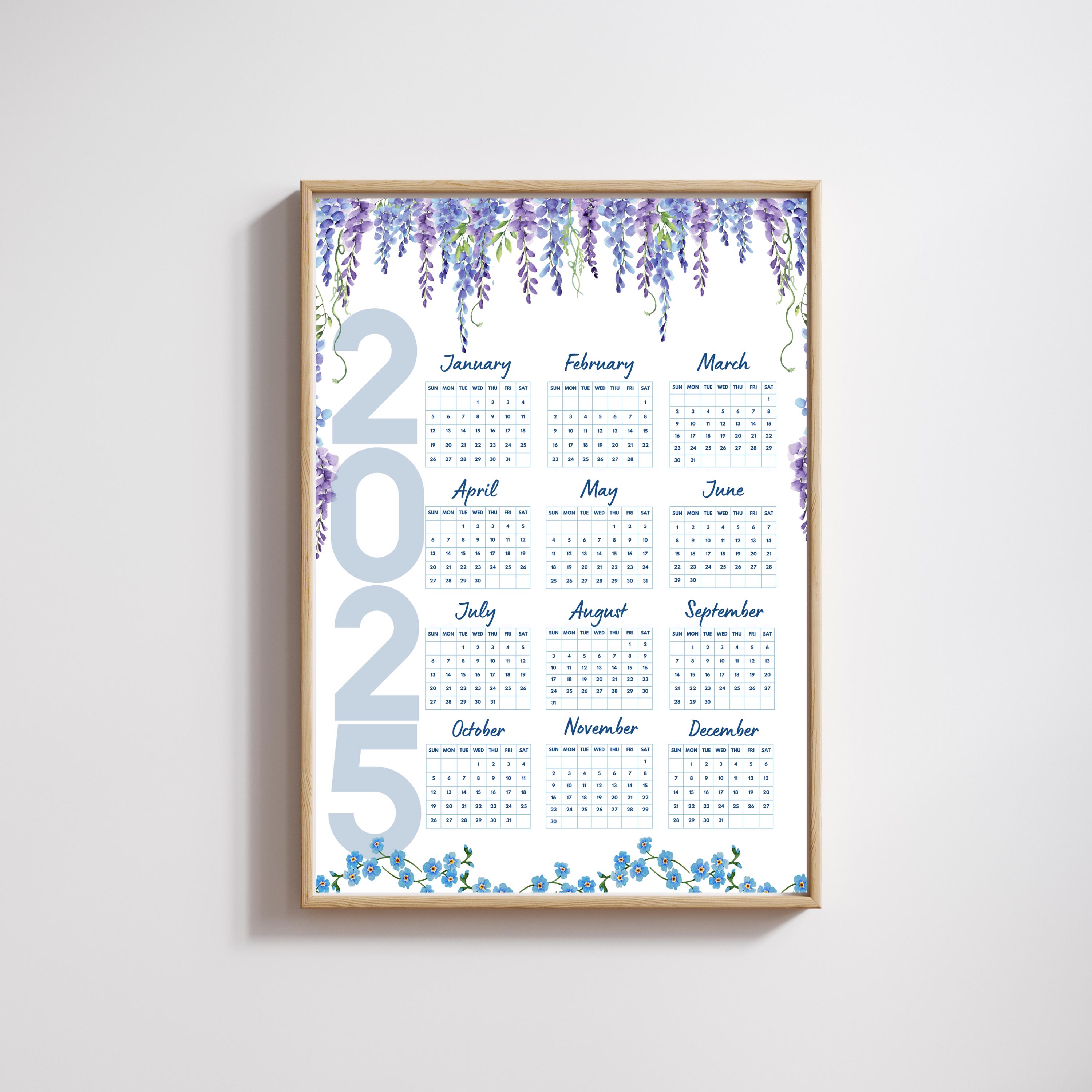 2025 Full-year Printable Calendar Blue Floral Design Monthly Desk and ...
