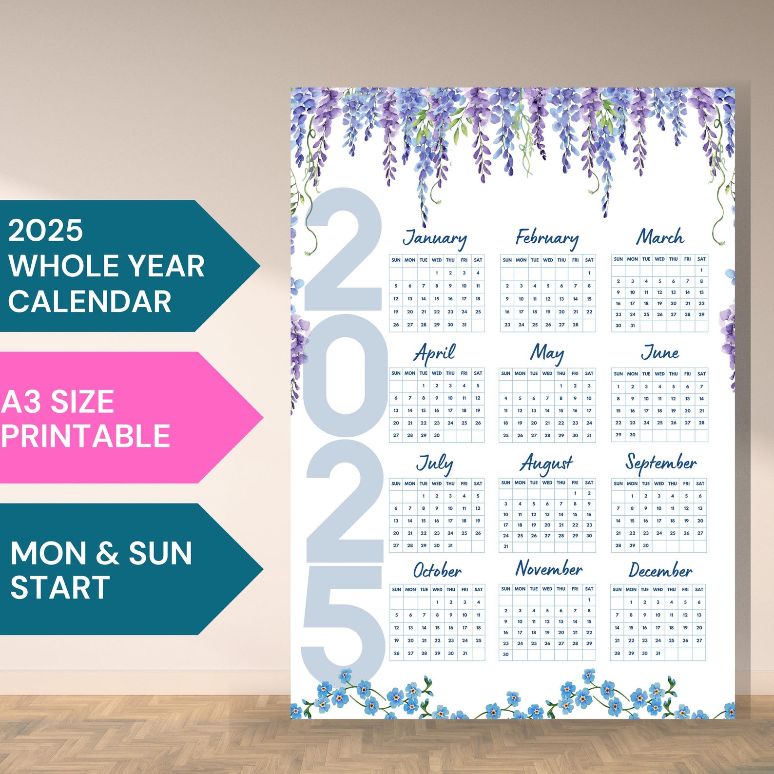 2025 Full-year Printable Calendar Blue Floral Design Monthly Desk and ...