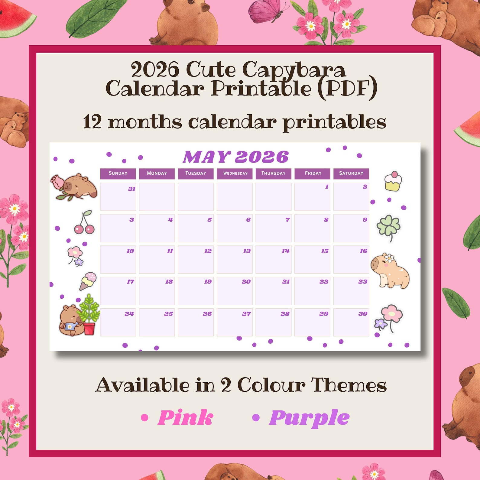 2026 Capybara Calendar | Cute Kawaii Pink & Purple Themes (digital ...