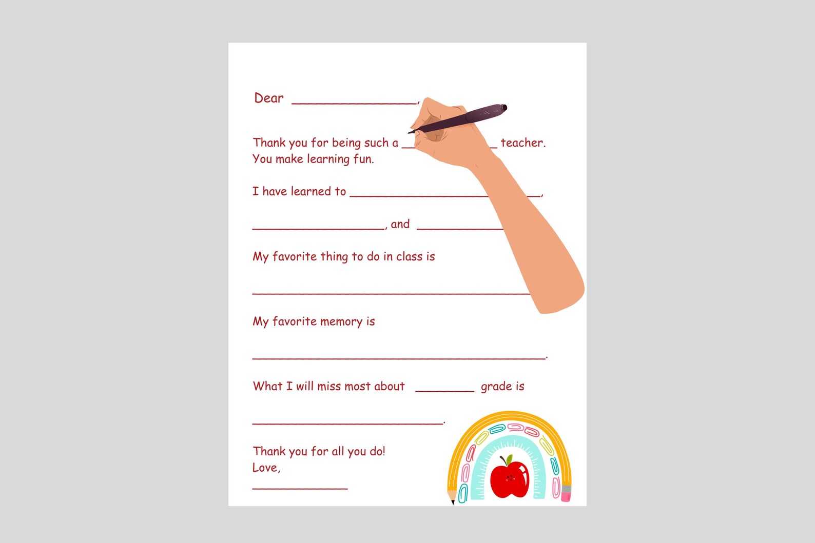 Teacher Appreciation Letter Template | Fill-in Printable (PDF Download ...