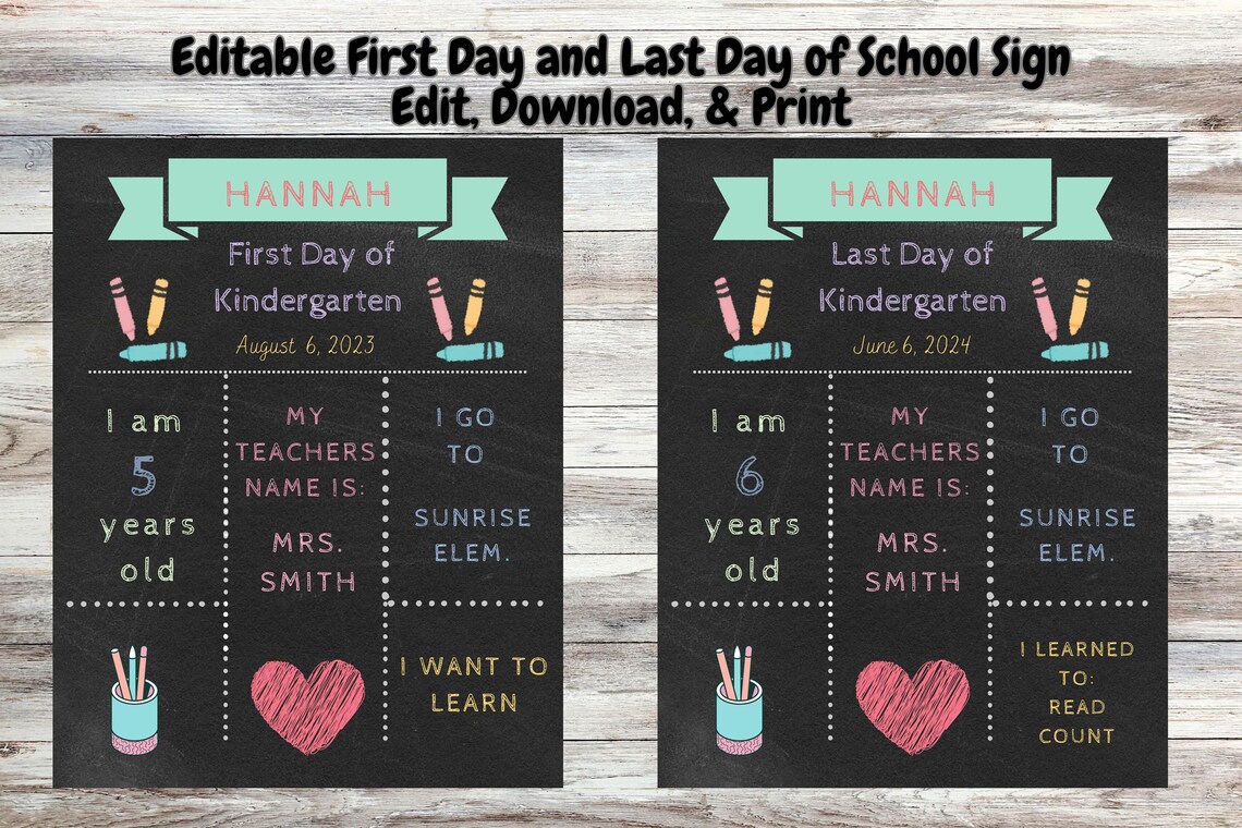 Editable First and Last Day of School Sign, Printable Chalkboard School ...