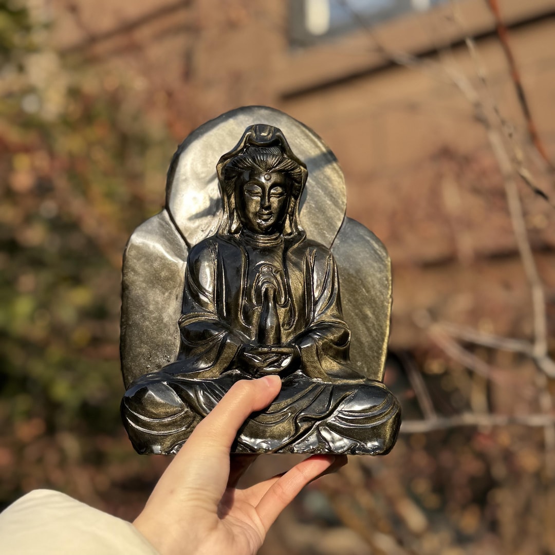 Golden Obsidian Avalokiteshvara Carving: Hand Carved Crystal ...