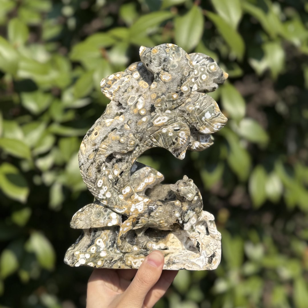 7.44'' Ocean Jasper Nine-tailed Fox, Crystal Fox Carving, Feng Shui ...