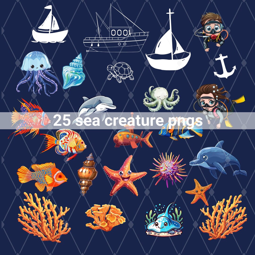 Sea Creatures Clipart, Ocean Animals Illustrations (PNG Digital ...