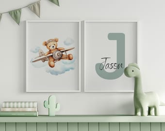 Printable Nursery Wall Art, Set of 2, Stars, Clouds, Teddy Bear, Pink ...