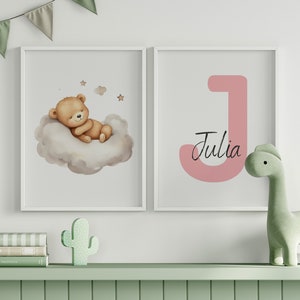 Printable Nursery Wall Art, Set of 2, Stars, Clouds, Teddy Bear, Pink ...