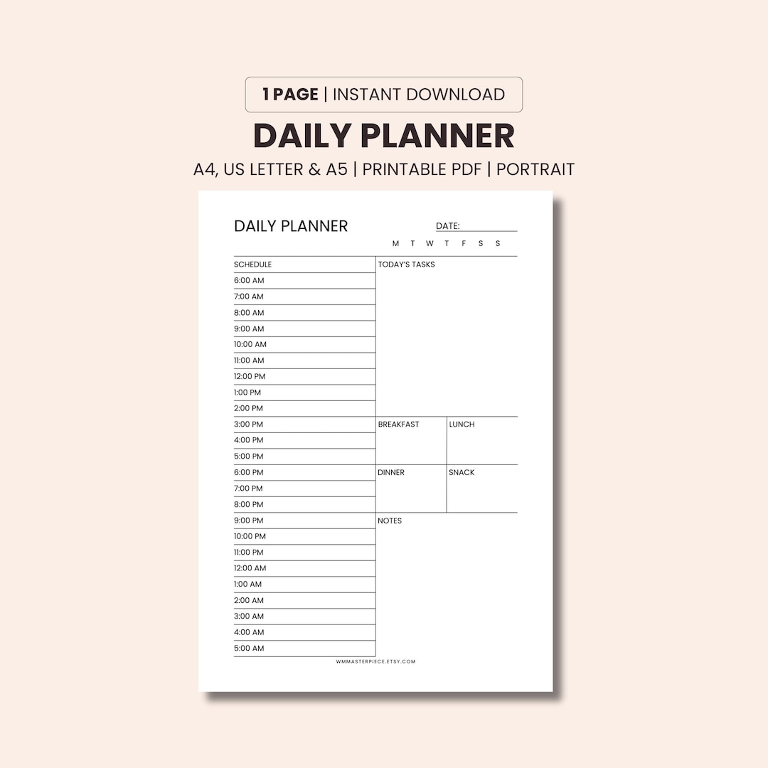 Daily Planner Printable, Daily Hourly Planner, Daily Overview, Time ...