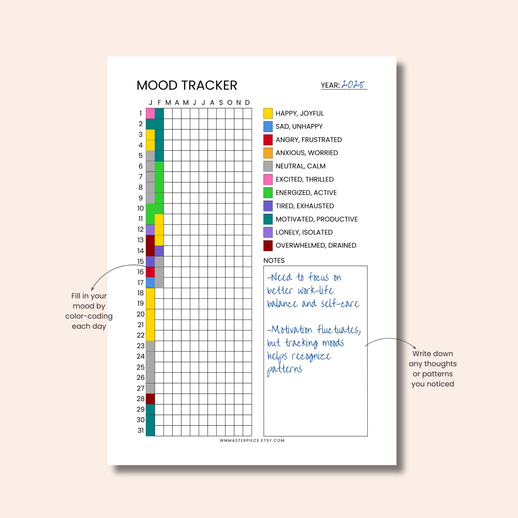 Mood Tracker Printable, Daily Mood Tracker, Mood Journal, Emotion ...