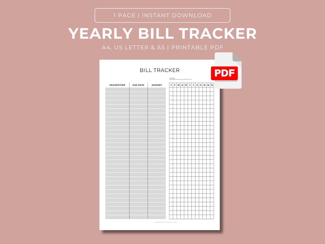 Bill Tracker Printable Yearly Bill Tracker Expenses Bill - Etsy
