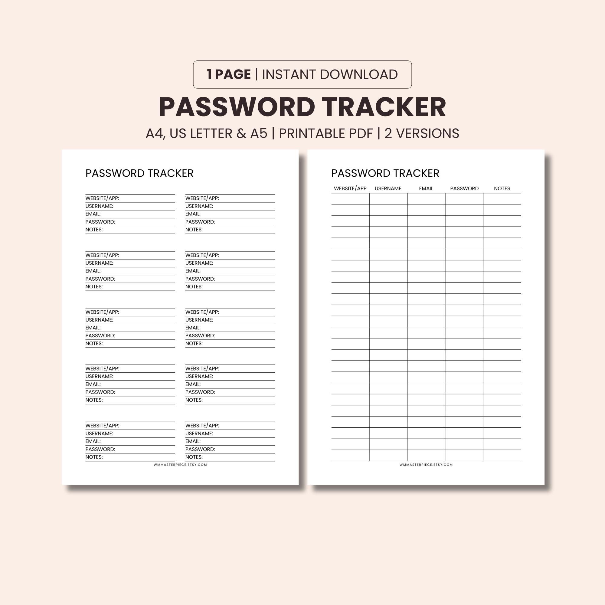 Password Tracker Printable, Secure Password Log, Password Organizer PDF ...