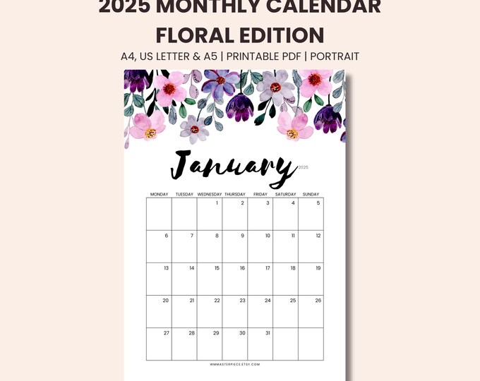 2025 Calendar Printable, 2025 Monthly Floral Calendar, Printable ...