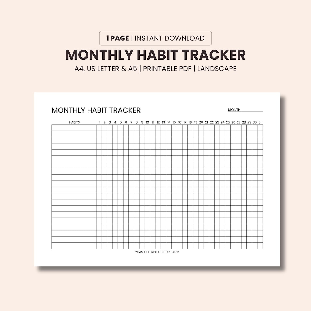 Habit Tracker Printable, Monthly Habit Tracker Printable Landscape ...