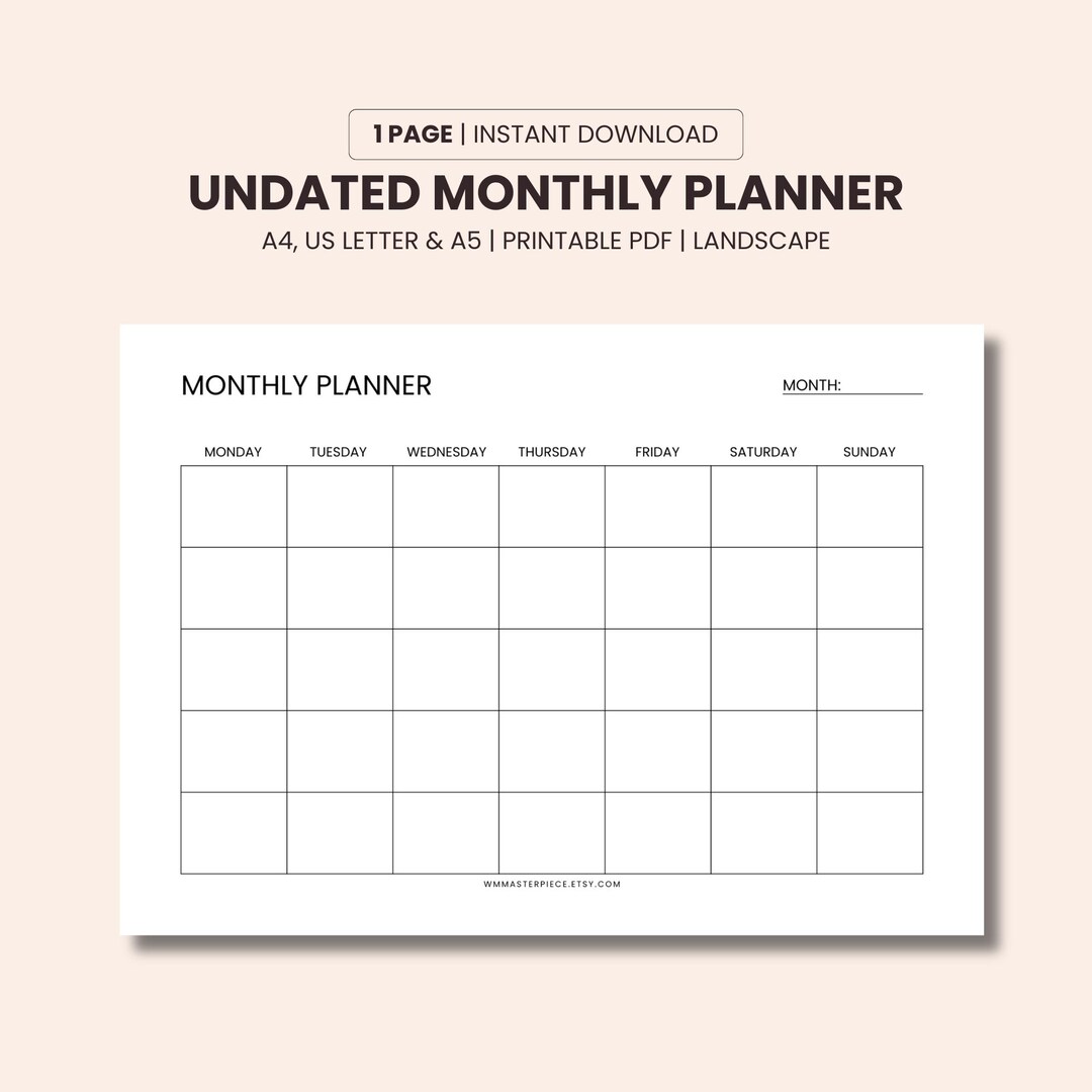 Monthly Planner Printable, Minimalist Monthly Overview, Undated Blank ...