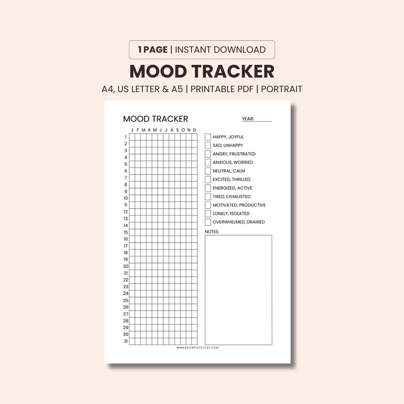 Mood Tracker Printable, Daily Mood Tracker, Mood Journal, Emotion ...