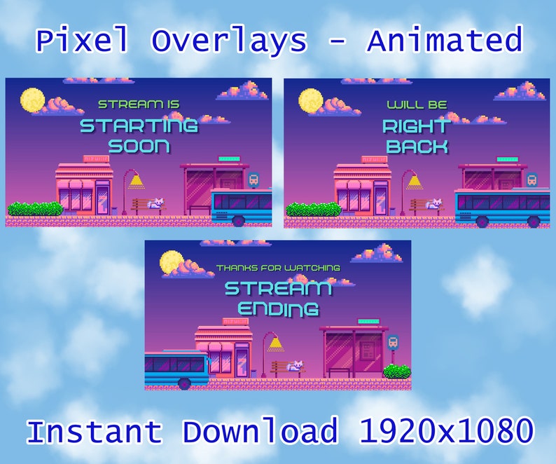 3x Animated Screens / Twitch Overlays Pixelbus Animated / Starting, BRB ...