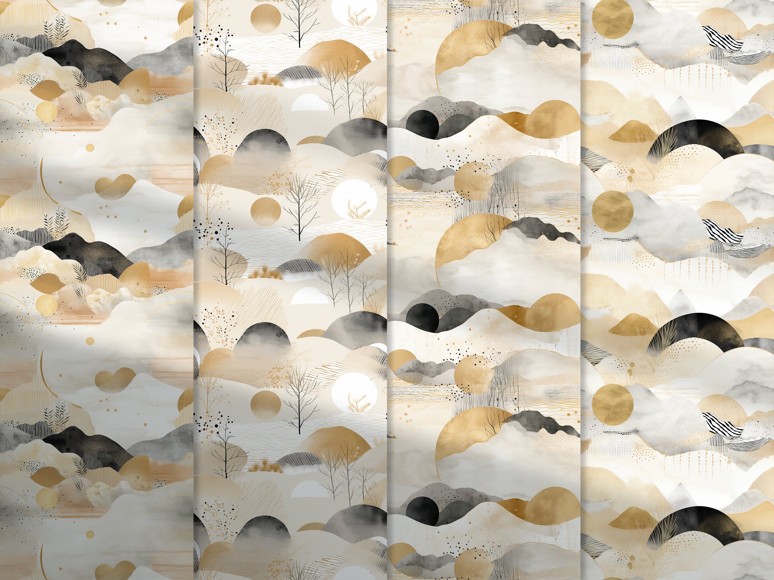 Japanese Digital Paper Gold Japandi Seamless Pattern, Printable ...