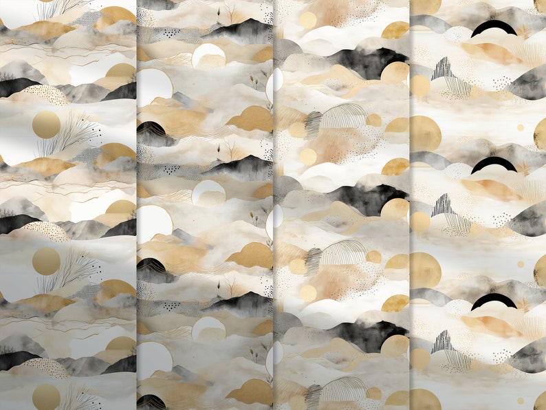 Japanese Digital Paper Gold Japandi Seamless Pattern, Printable ...