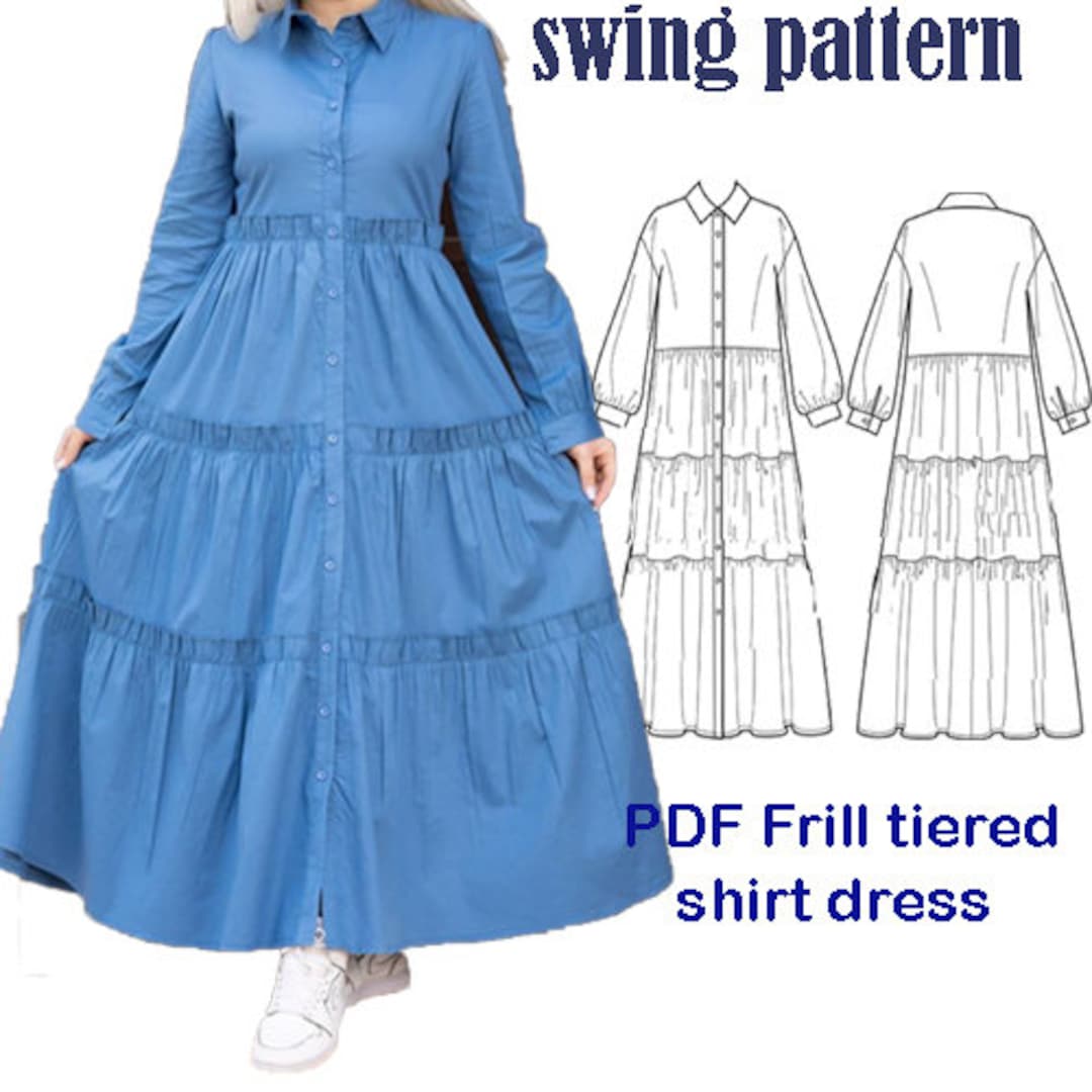 Frill Tiered Shirt Dress Digital PDF Sewing Pattern /maxi Long Sleeve ...